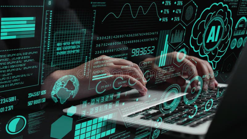 Futuristic Technology Interface with Data Visualization, AI Elements, and Keyboard Interaction ...