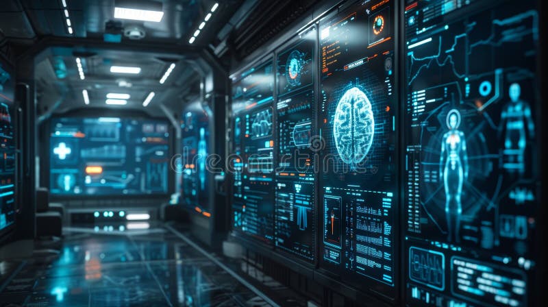 Futuristic Technology Interface with Digital Displays, Holographic Data ...