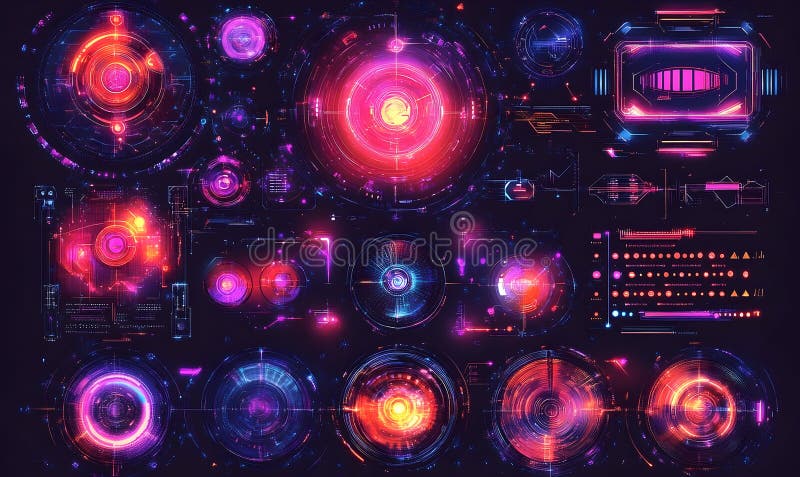 Neon Tech HUD Interfaces stock illustration. Illustration of innovation ...