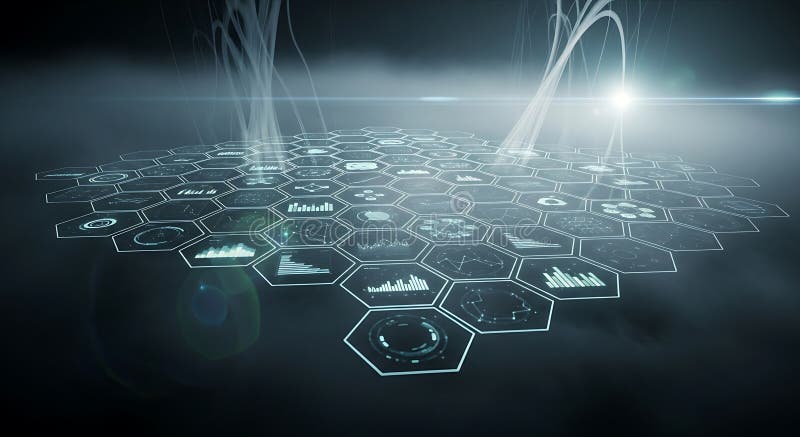 Futuristic Technology Interface with Glowing Hexagons Displaying Data and Information Stock ...