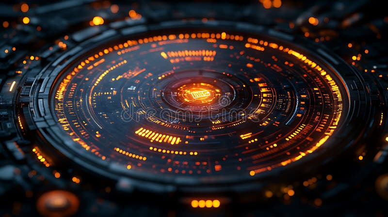Futuristic Technology Interface with Glowing Orange Lights High Tech Circular Machine with ...
