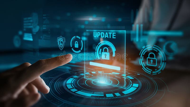 Futuristic Technology Interface with a Holographic Update Progress Bar and Glowing Blue Icons ...