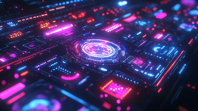 Futuristic Technology Interface Neon Glowing Hud Display Panel Circuit ...
