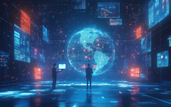 Futuristic Technology Interface with Two Figures Interacting with a ...