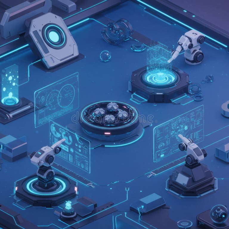 Futuristic Technology Isometric Illustration with Glowing Blue ...