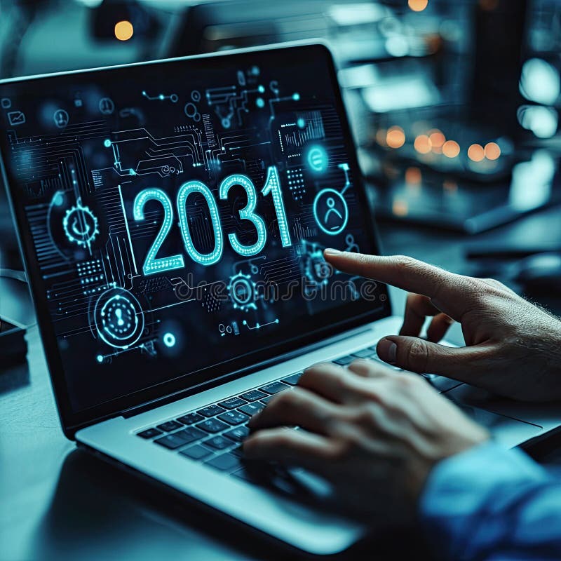 Futuristic 2031 Technology on Laptop Display, with Man Typing, Digital ...