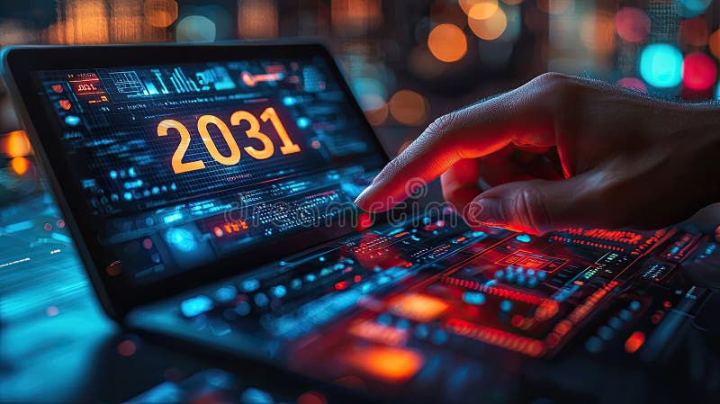 Futuristic 2031 Technology on Laptop Screen with Glowing Data and Hand ...