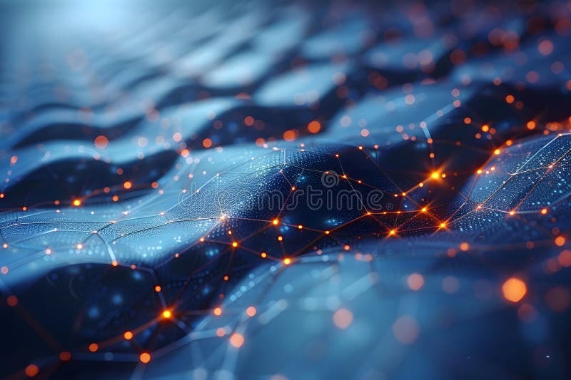 Futuristic Technology Network with Blue Grid and Glowing Orange Nodes ...