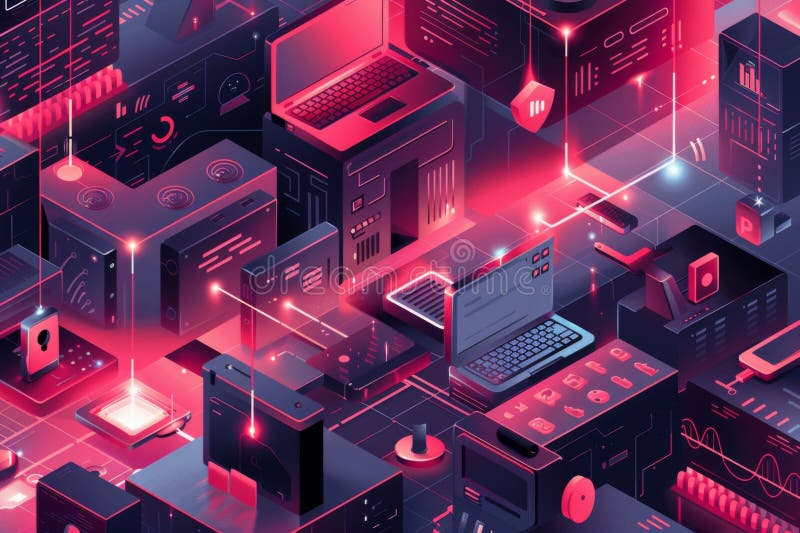 Futuristic Technology Network with Neon Devices Stock Illustration ...