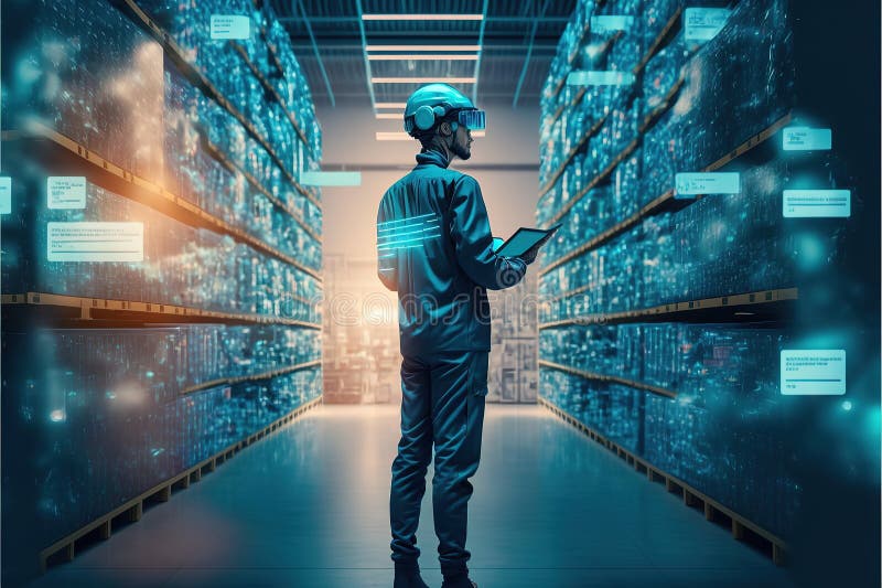 Futuristic Technology Retail Warehouse: Worker Doing Inventory Walks ...