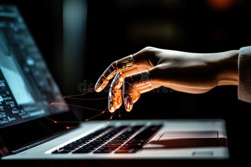 Futuristic Technology: Robot Hand Emerging from Computer AI Generated ...