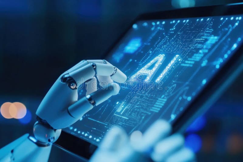 Futuristic Technology: Robotic Hand Interacting with Artificial Intelligence Interface Stock ...