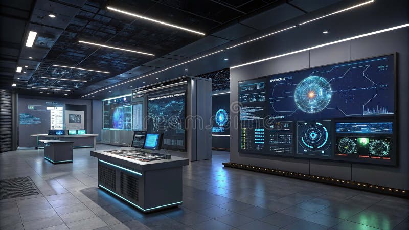 Futuristic Technology Room with Advanced Display Screens Stock ...