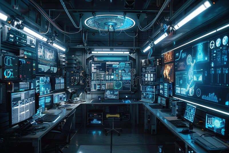 Futuristic Technology Room with Multiple Computer Screens and Advanced ...