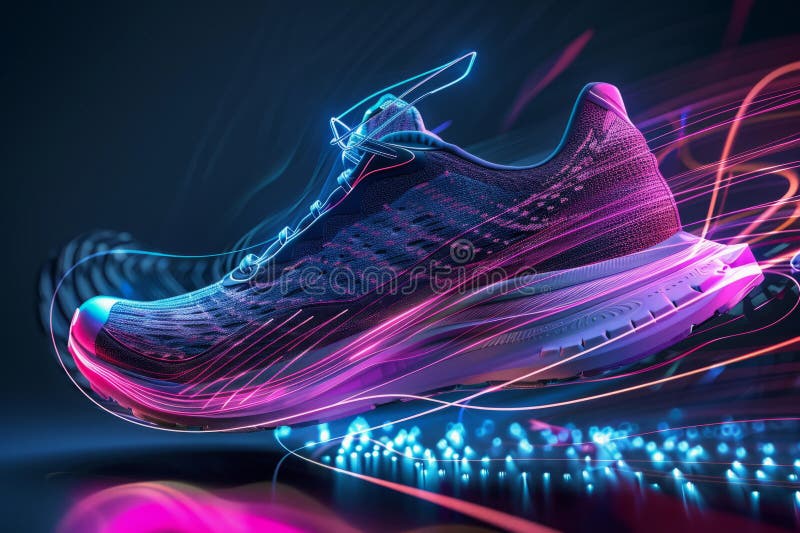 Futuristic Technology Running Sneakers on Abstract Digital Background ...