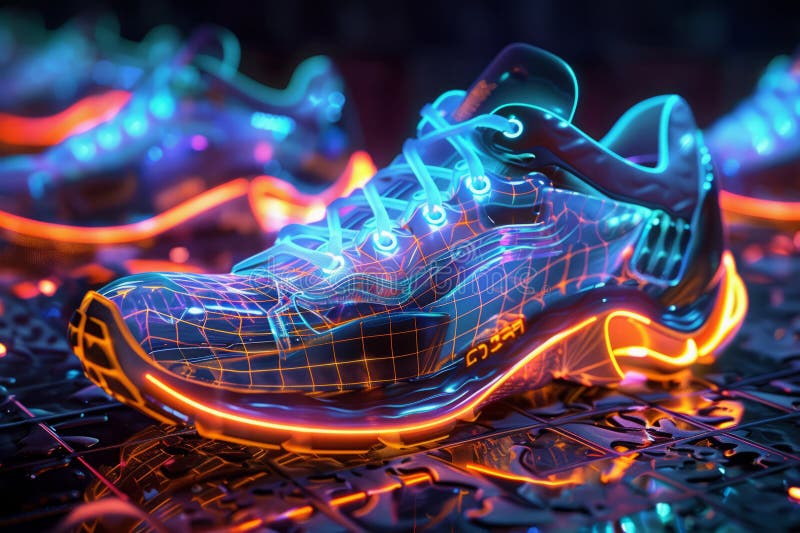 Futuristic Technology Running Sneakers on Abstract Digital Background ...