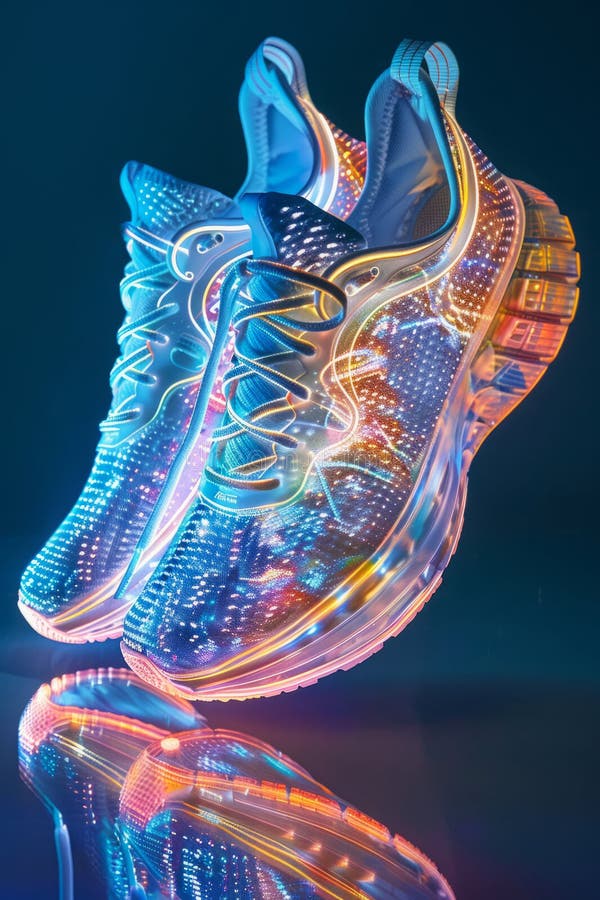 Futuristic Technology Running Sneakers on Abstract Digital Background ...