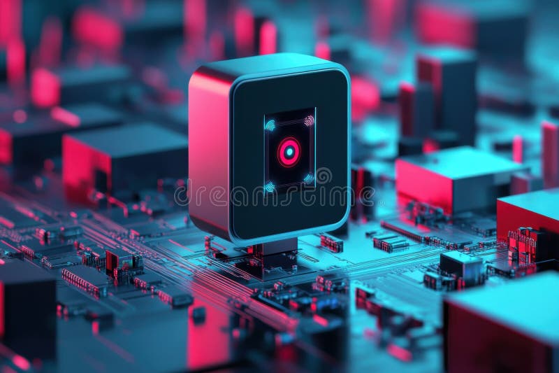 Futuristic Technology Scene with a Central Device on a Circuit Board ...