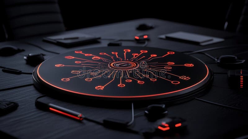 Futuristic Technology Setup with Circular Interface in Dark Environment ...