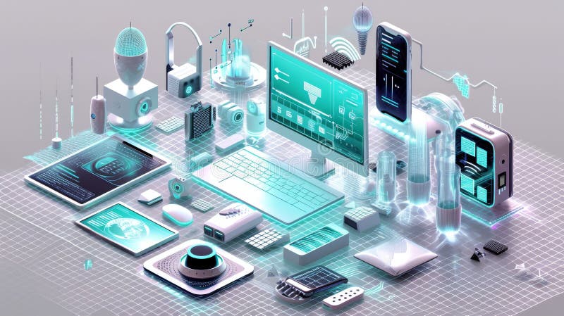 Futuristic Technology Setup with Digital Devices and Holographic ...