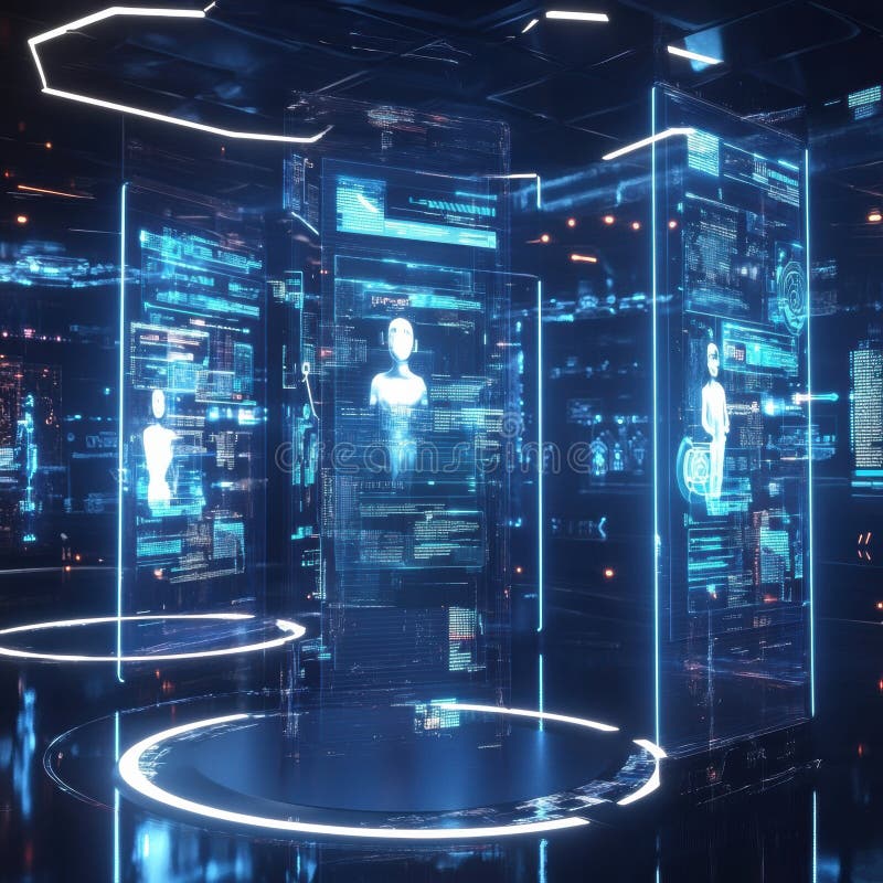 Futuristic Technology Setup with Holographic Displays and Digital Data ...