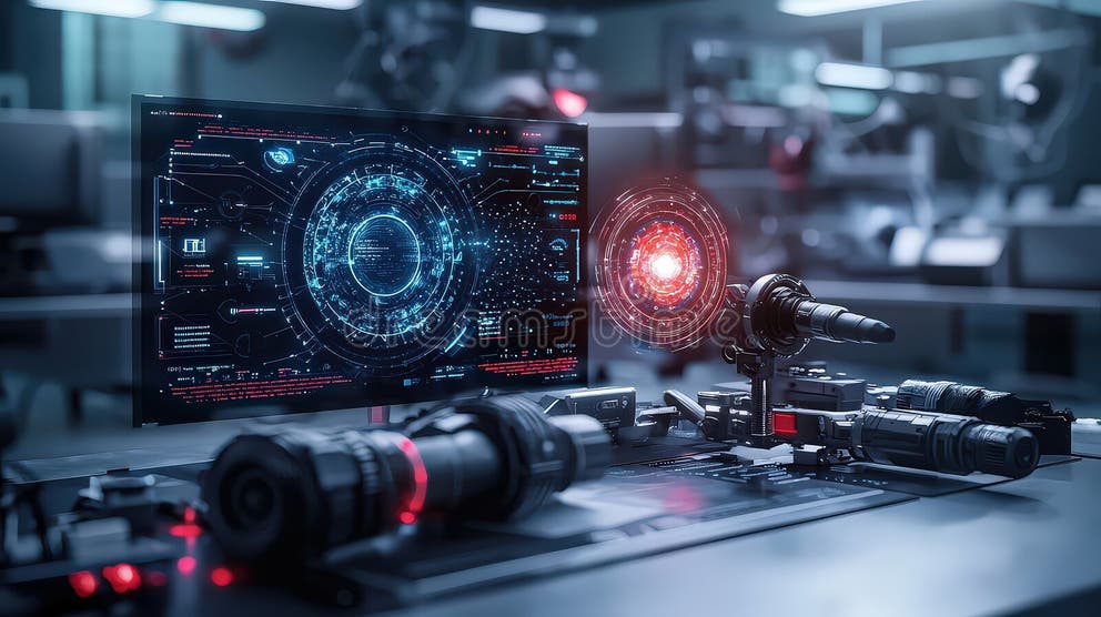 Futuristic Technology Setup Showcasing Advanced Displays and Tools in a ...