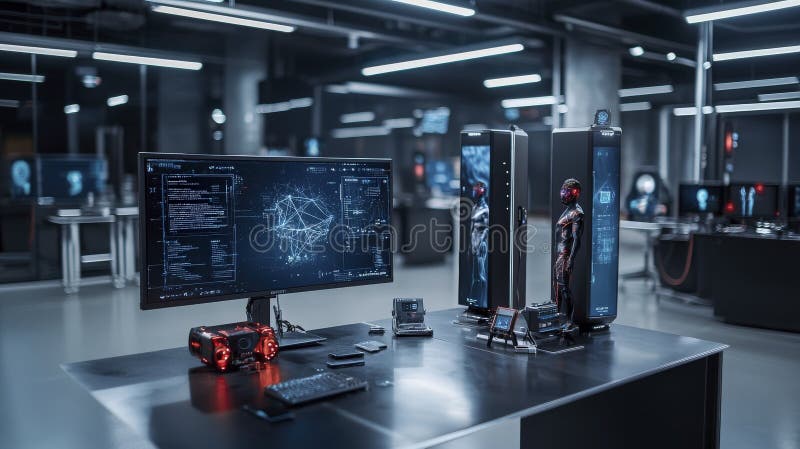 Futuristic Technology Showcase Featuring Avatars on Screens in a High ...