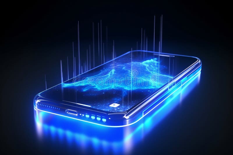 A Futuristic Technology Smartphone with a Glowing Blue Screen Sits on a ...