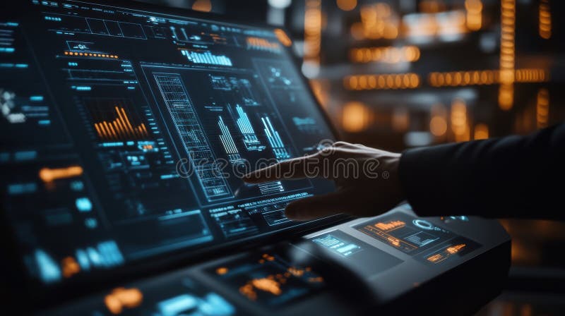 Futuristic Technology Touchscreen Interface in Dimly Lit Control Room ...