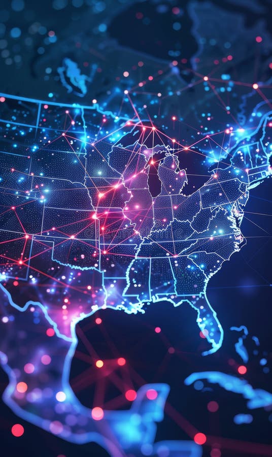 Futuristic Technology USA Map with Glowing Lights, Global Communication ...