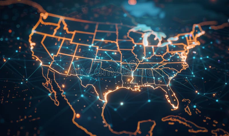 Futuristic Technology USA Map with Glowing Lights, Global Communication ...