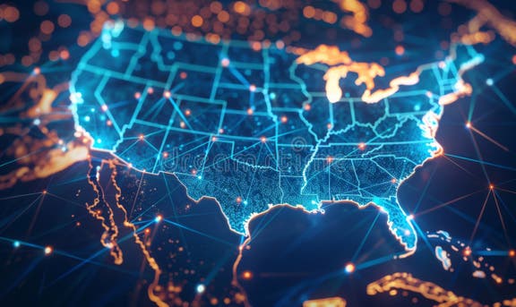 Futuristic Technology USA Map with Glowing Lights, Global Communication ...