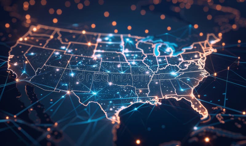 Futuristic Technology USA Map with Glowing Lights, Global Communication ...