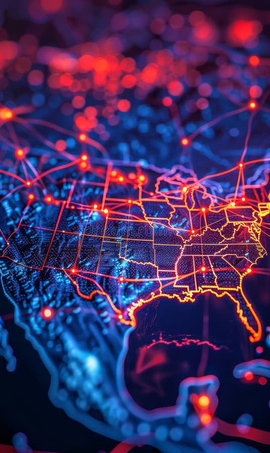 Futuristic Technology USA Map with Glowing Lights, Global Communication ...