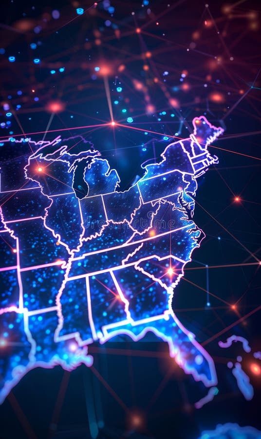 Futuristic Technology USA Map with Glowing Lights, Global Communication ...