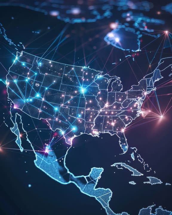 Futuristic Technology USA Map with Glowing Lights, Global Communication ...