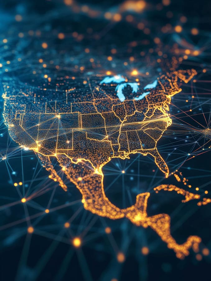 Futuristic Technology USA Map with Glowing Lights, Global Communication ...