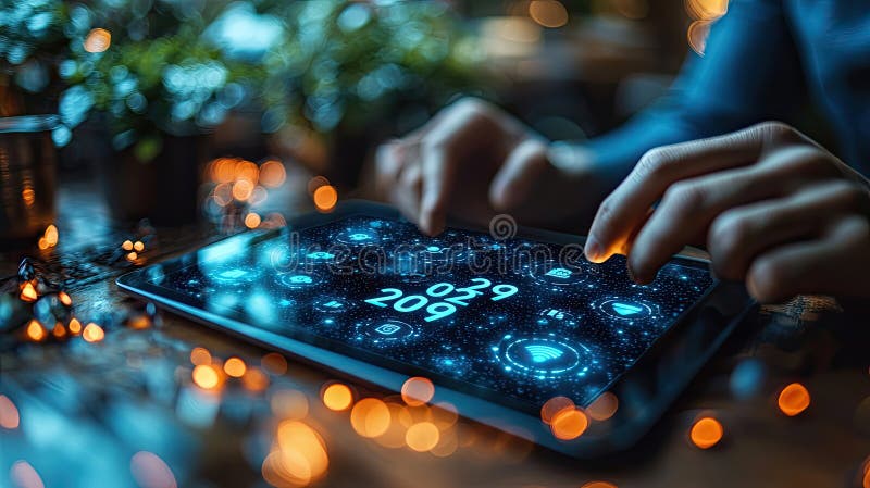 Futuristic 2029 Technology Vision Man Interacts with Glowing Tablet ...