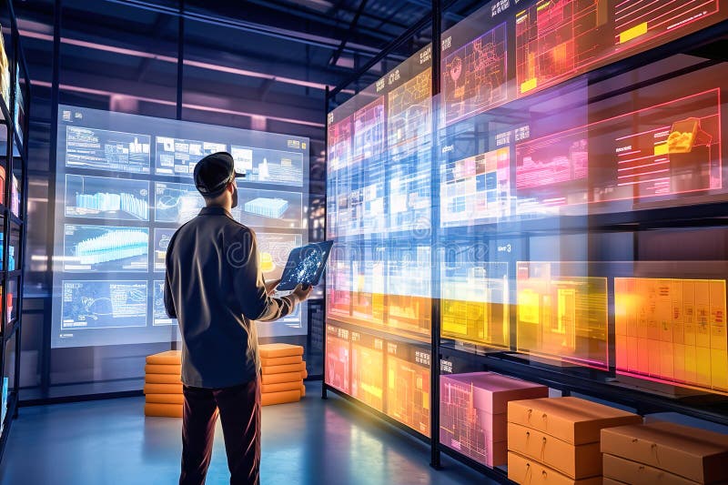 Futuristic Technology Worker Taking Inventory of a Warehouse Stock ...