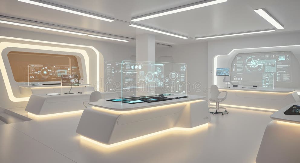 Futuristic Technology Workspace with Interactive Digital Screens in ...