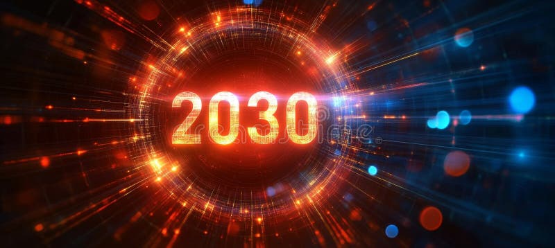 Futuristic Technology, Year 2030 Concept. Glowing Digital 3D Number 2030 on Round Frame ...
