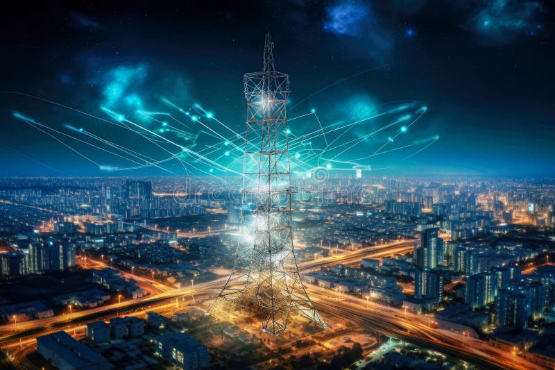 Futuristic Telecommunication Tower with Blue Neon Lights. Stock ...