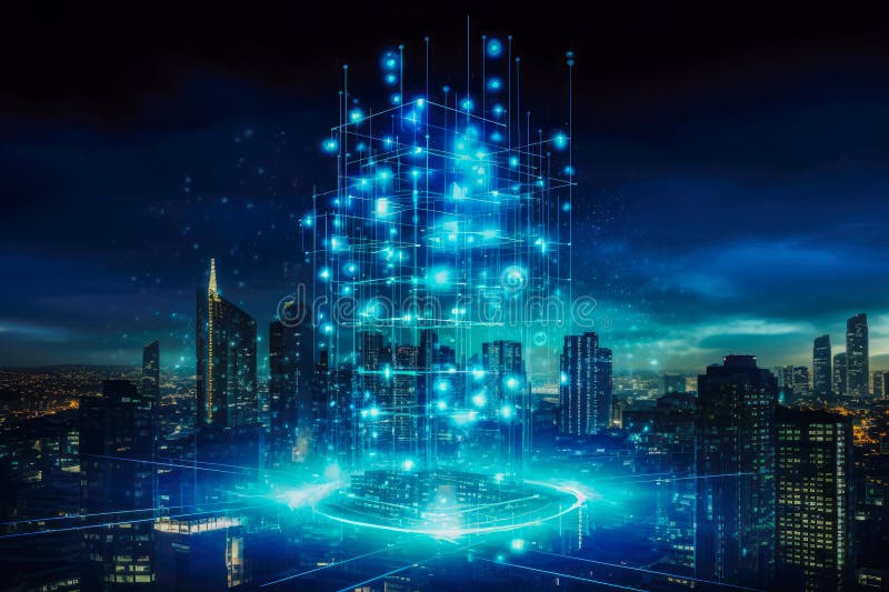 Futuristic Telecommunication Tower with Blue Neon Lights. Stock ...