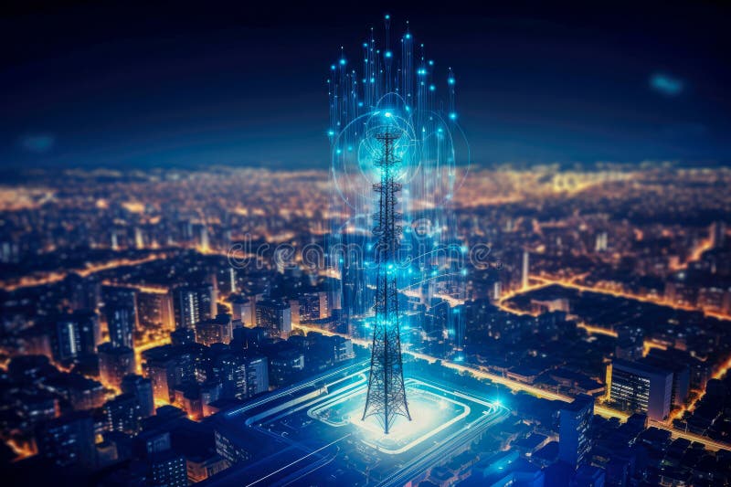 Futuristic Telecommunication Tower with Blue Neon Lights. Stock Image ...