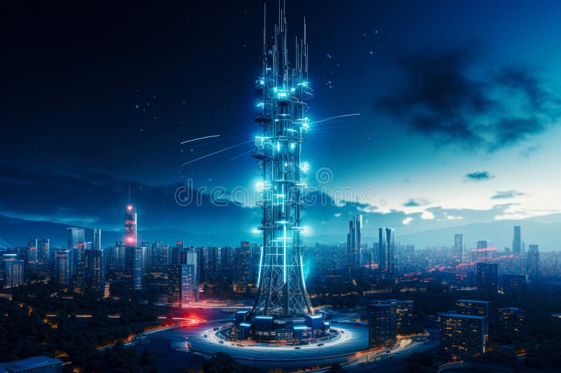 Futuristic Telecommunication Tower with Blue Neon Lights. Stock Image ...