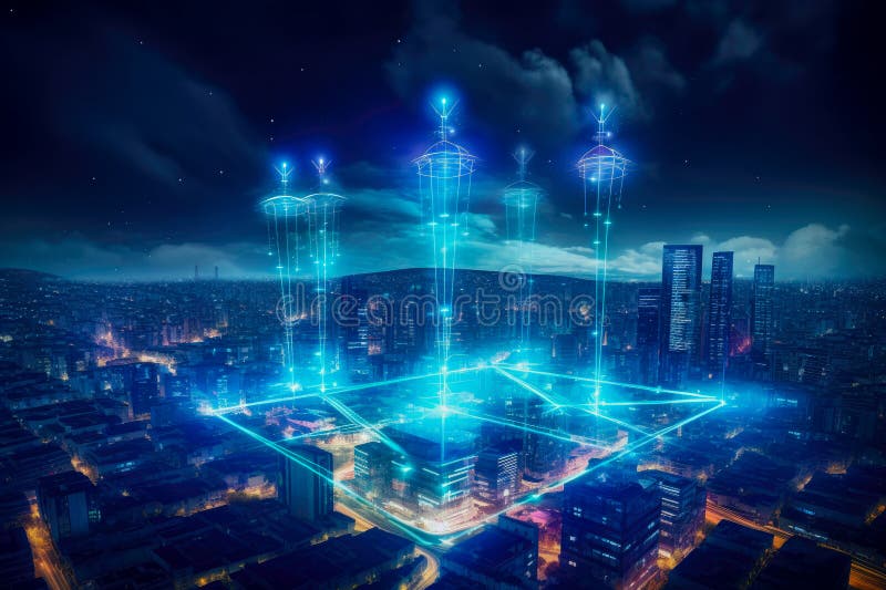 Futuristic Telecommunication Tower with Blue Neon Lights. Stock Image ...