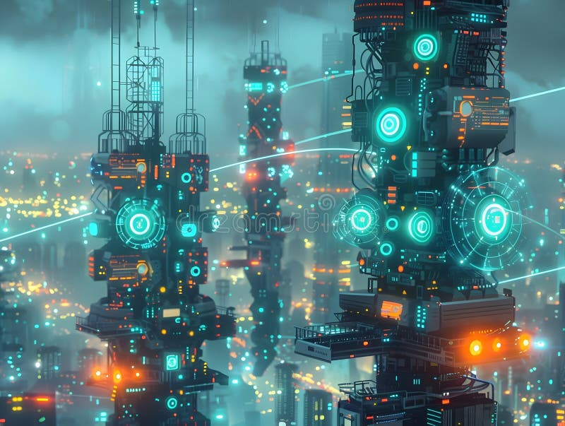 Futuristic Telecommunications Hub with Robotic Transmitters and ...