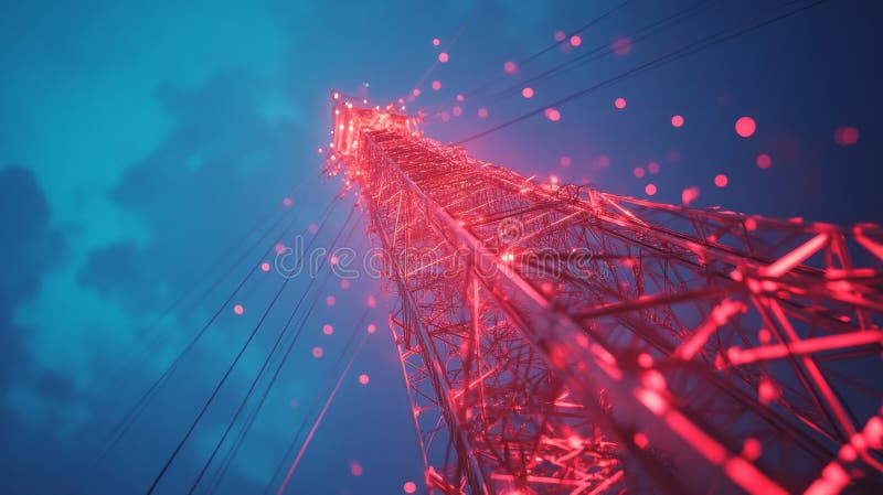 Futuristic Telecommunications Tower with Glowing Red Network Nodes ...