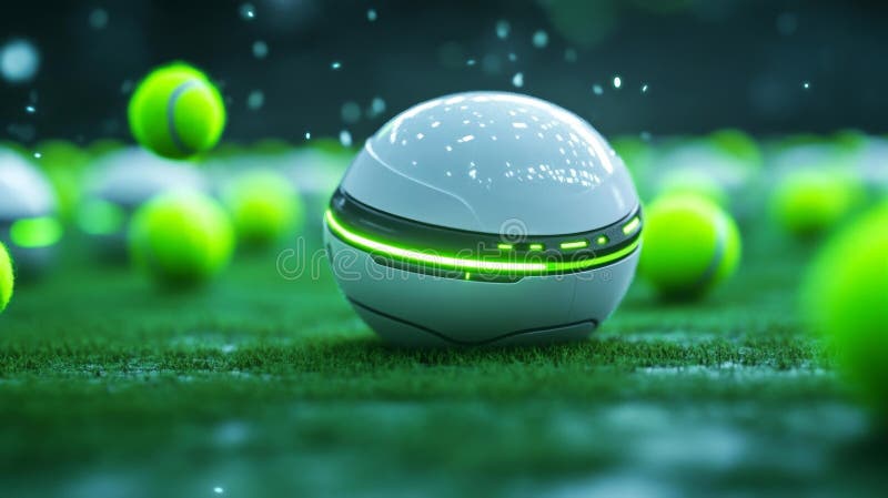 Futuristic Tennis Ball Machine Serving Balls in a High-Tech Environment ...