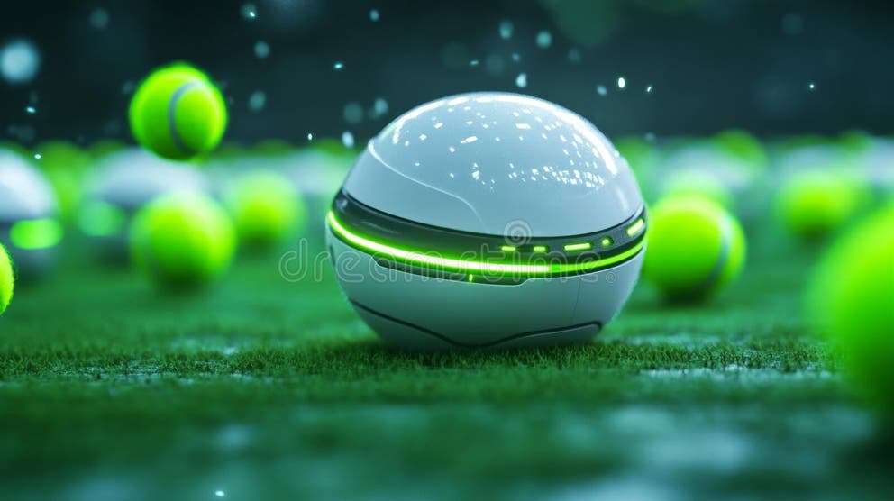 Futuristic Tennis Ball Machine Serving Balls in a High-Tech Environment ...